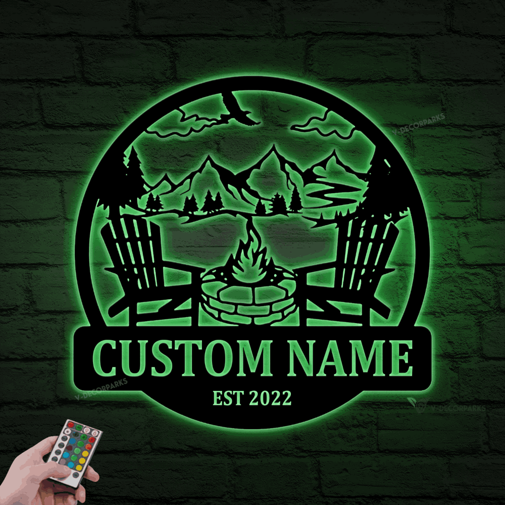 Personalized Mountains Fire Pit Metal Sign With Led Lights, Custom ...