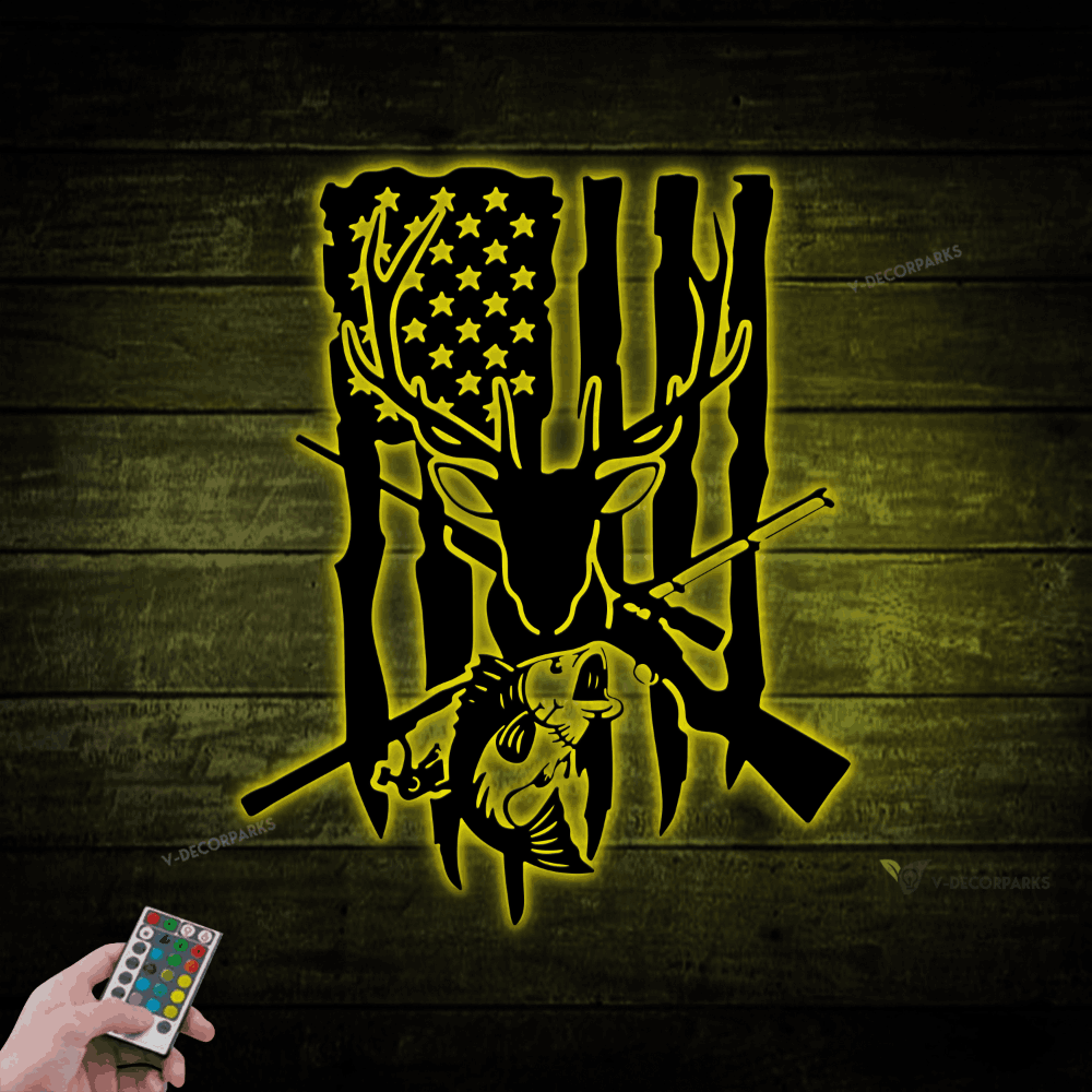 Hunting Metal Sign With Led Lights, Fishing Metal Wall Art, Deer Head ...