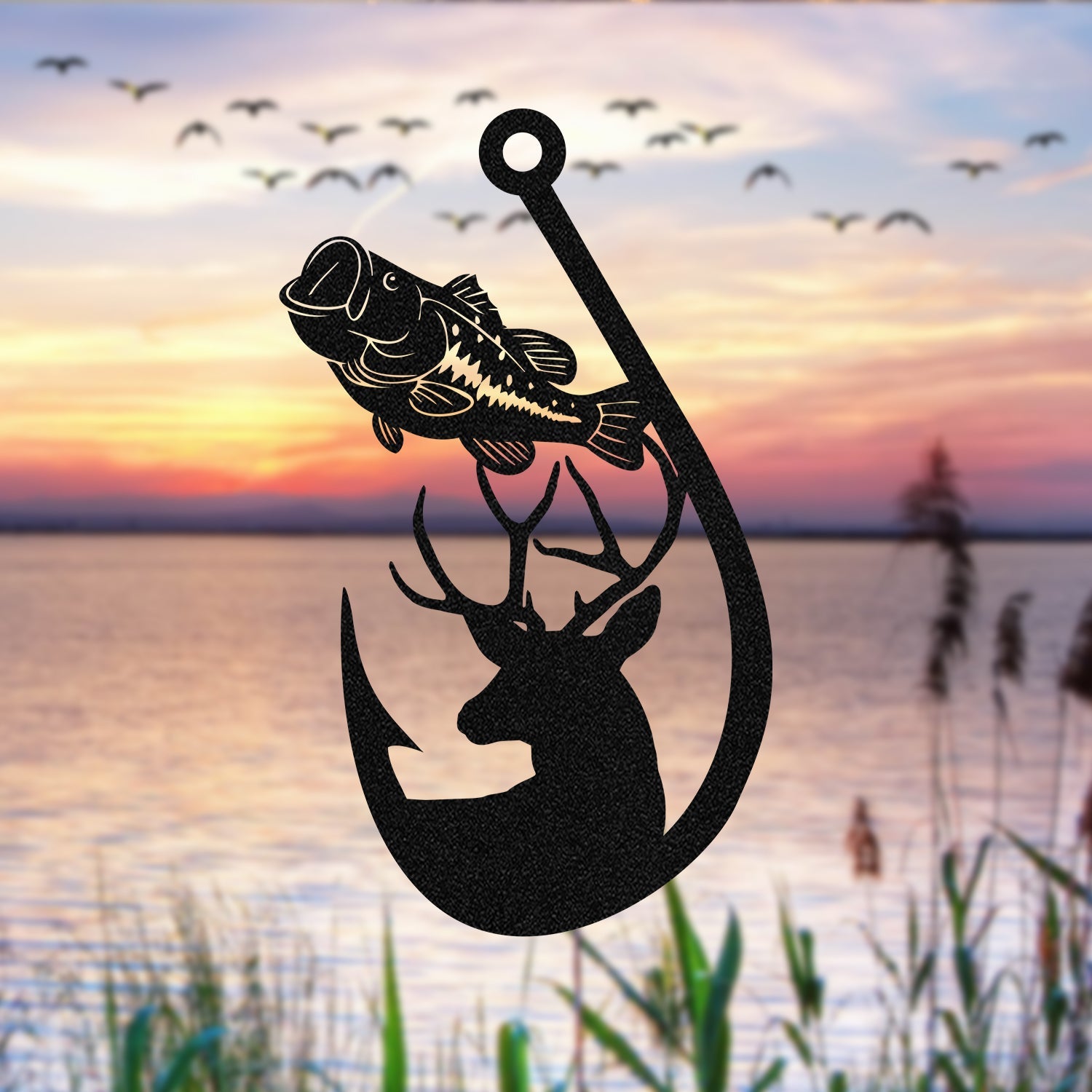 Deer Hunting And Bass Fish On Hook Metal Wall Art Monogram | Nalaprint