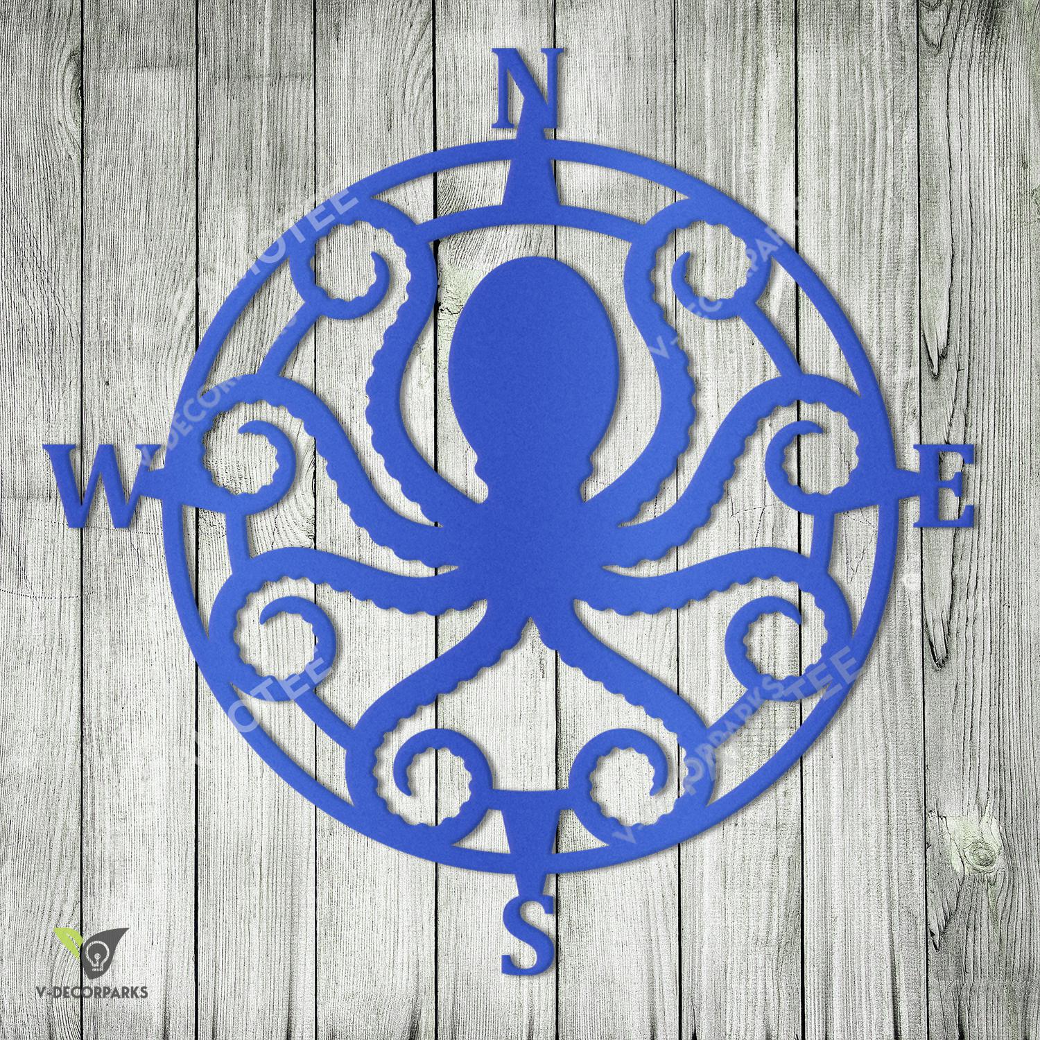 Blue Octopus Nautical Compass Metal Wall Hanging Art, Home Decor ...