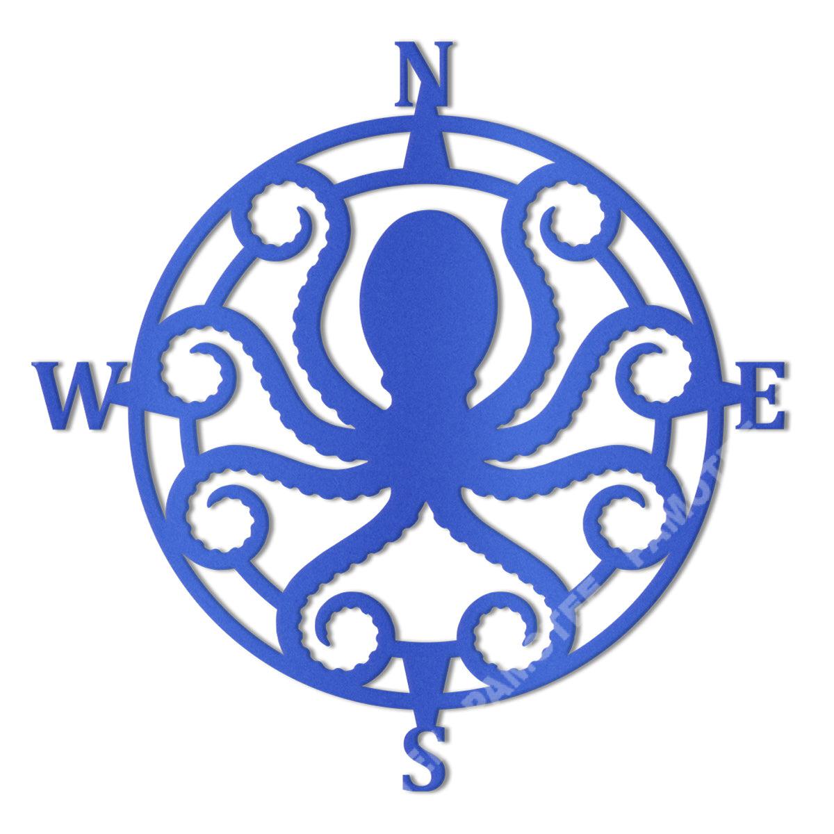 Octopus Nautical Compass Beach Metal Sign, Custom Outdoor House, Lake ...