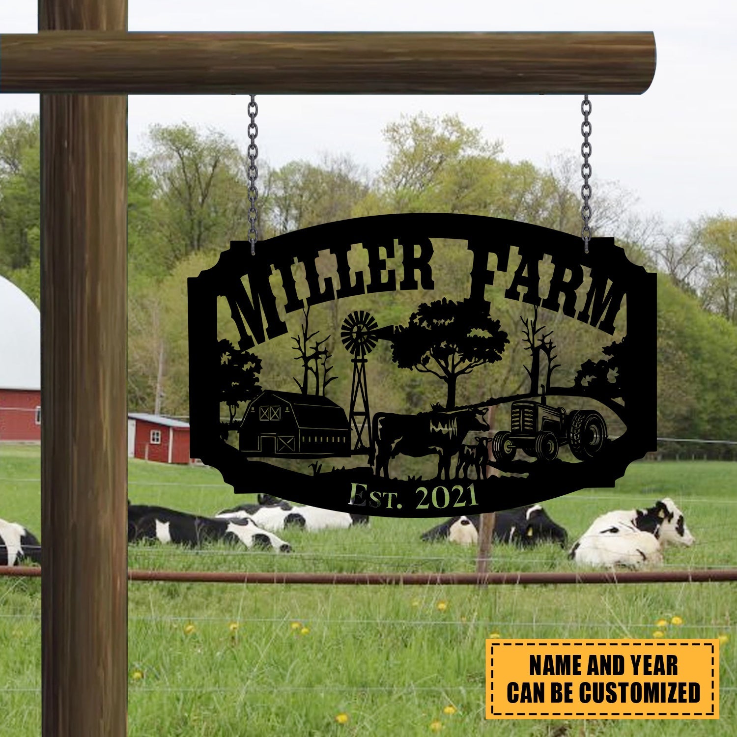 Customized Barn Windmill Cow Tree Tractor Metal Sign, Weatherproof ...