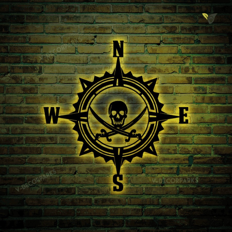 Nautical Compass Metal Sign With Colorful Led Light, Gps Coordinates ...