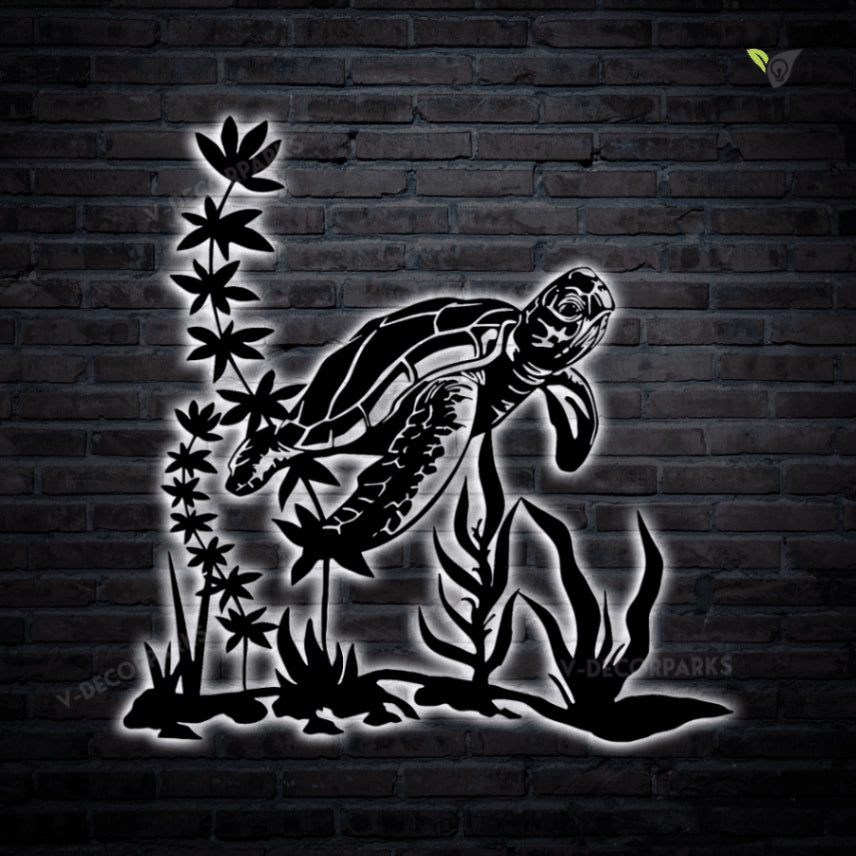 Turtle In Ocean Metal Sign With Colorful Led Light, Metal Wall Art ...