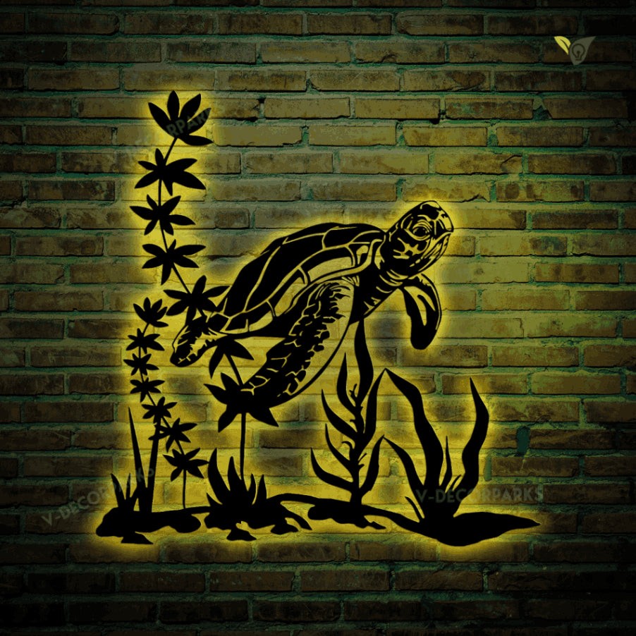Turtle In Ocean Metal Sign With Colorful Led Light, Metal Wall Art ...