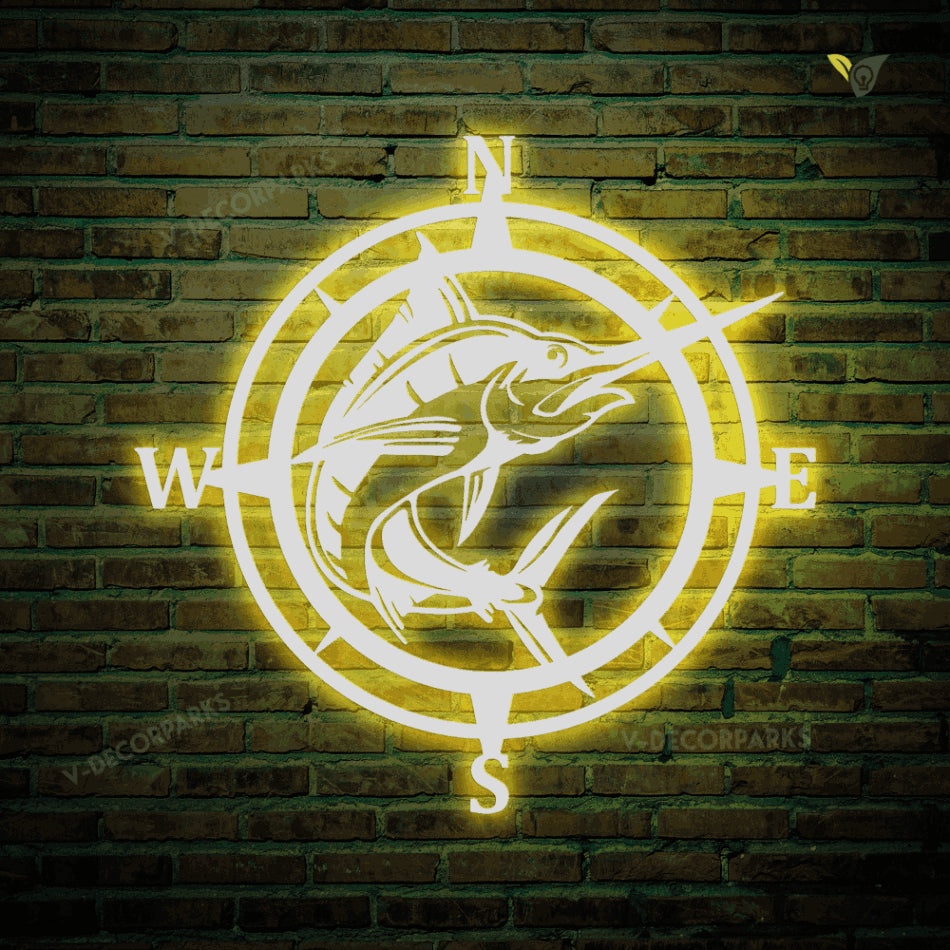 Swordfish Gps Compass Metal Sign With Colorful Led Light, Ocean ...