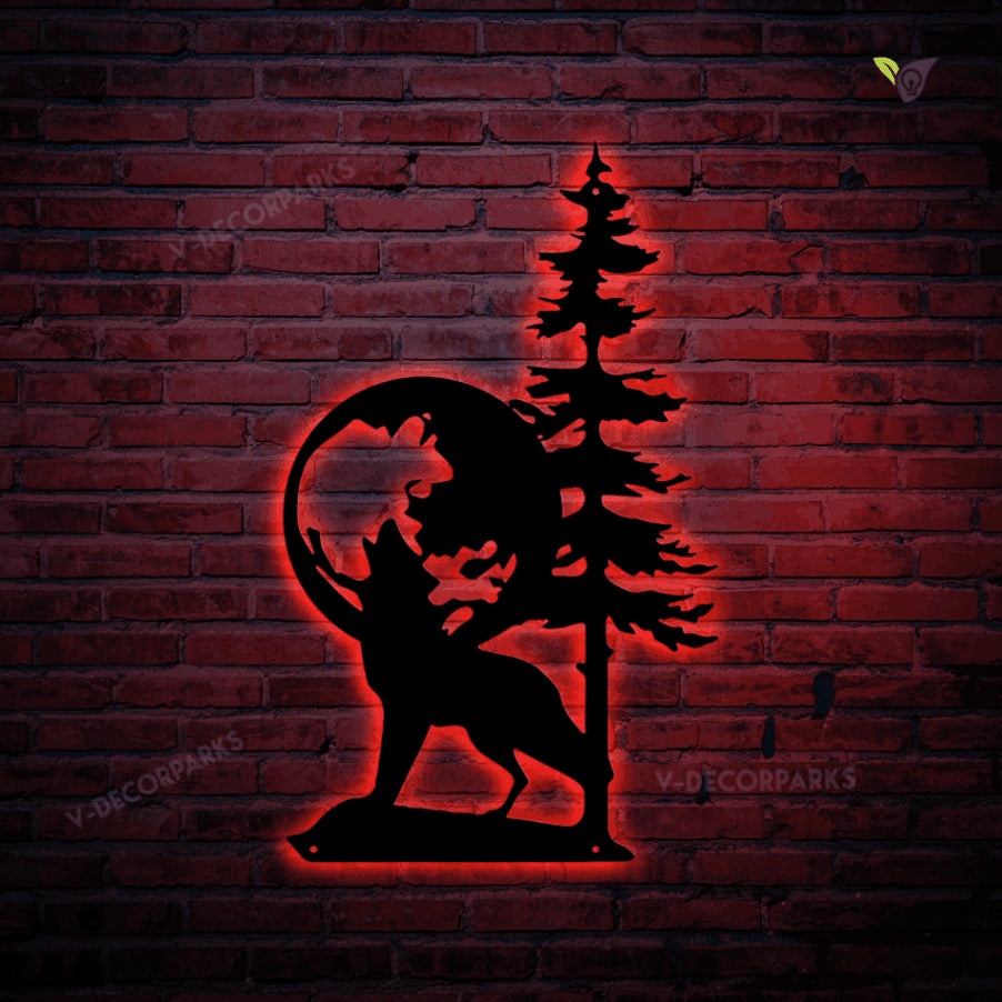 Howling Wolf Moon Metal Sign With Colorful Led Light, Mountain Wolf ...