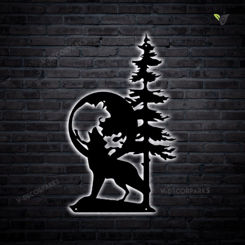Howling Wolf Moon Metal Sign With Colorful Led Light, Mountain Wolf ...