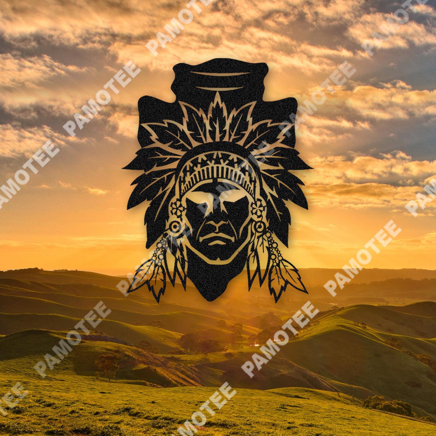 American Native Man And Arrowhead Metal Art, Injun Steel Plaque | Nalaprint