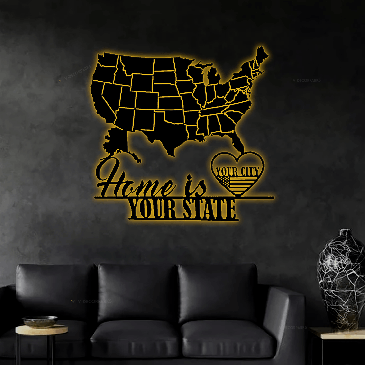 America State & City Home Metal Wall Sign With Led Lights, Custom Usa ...