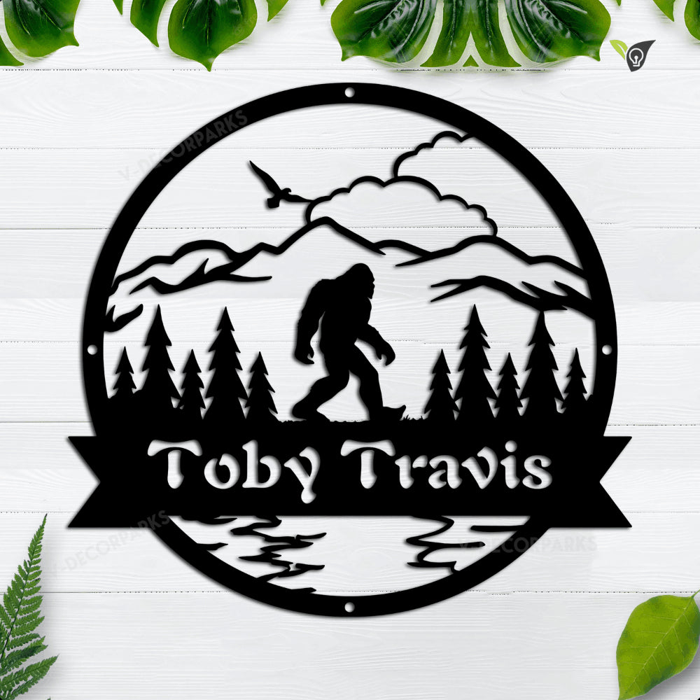 Round Bigfoot Mountain Customized Metal Sign, Sasquatch Custom Name ...