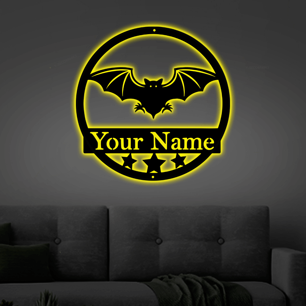 Bat With Led Lights, Metal Sign, Metal Name Sign, Black, Halloween ...
