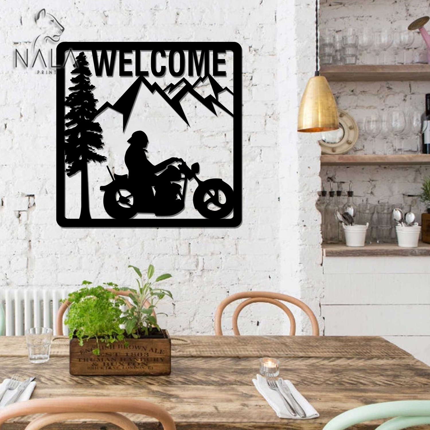 Biker And Mountain Landscape Welcome Metal Sign, Motor Wall Art Decor ...