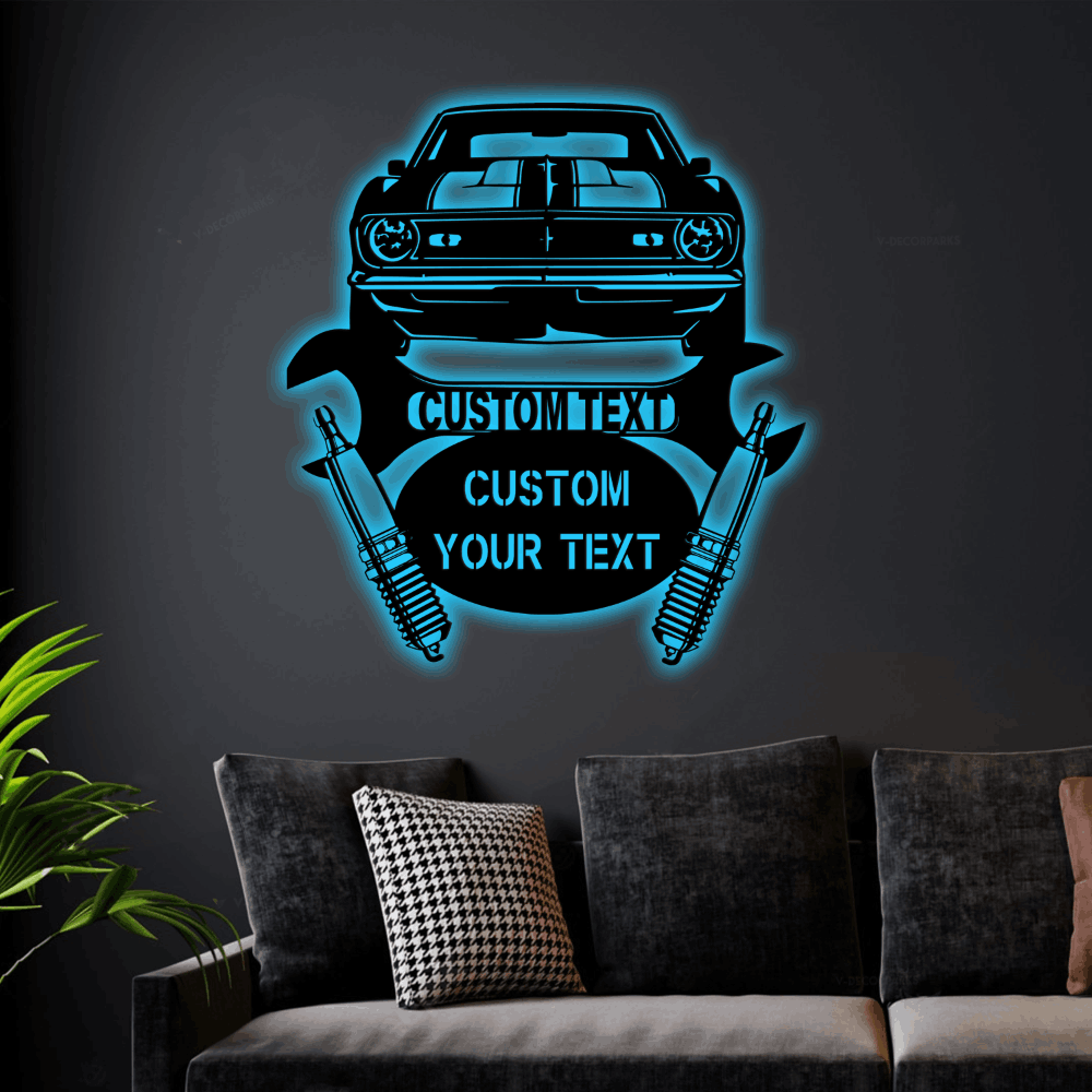 Custom Car Sign Led Lights Monogram Steel Sign Garage Wall Decor ...