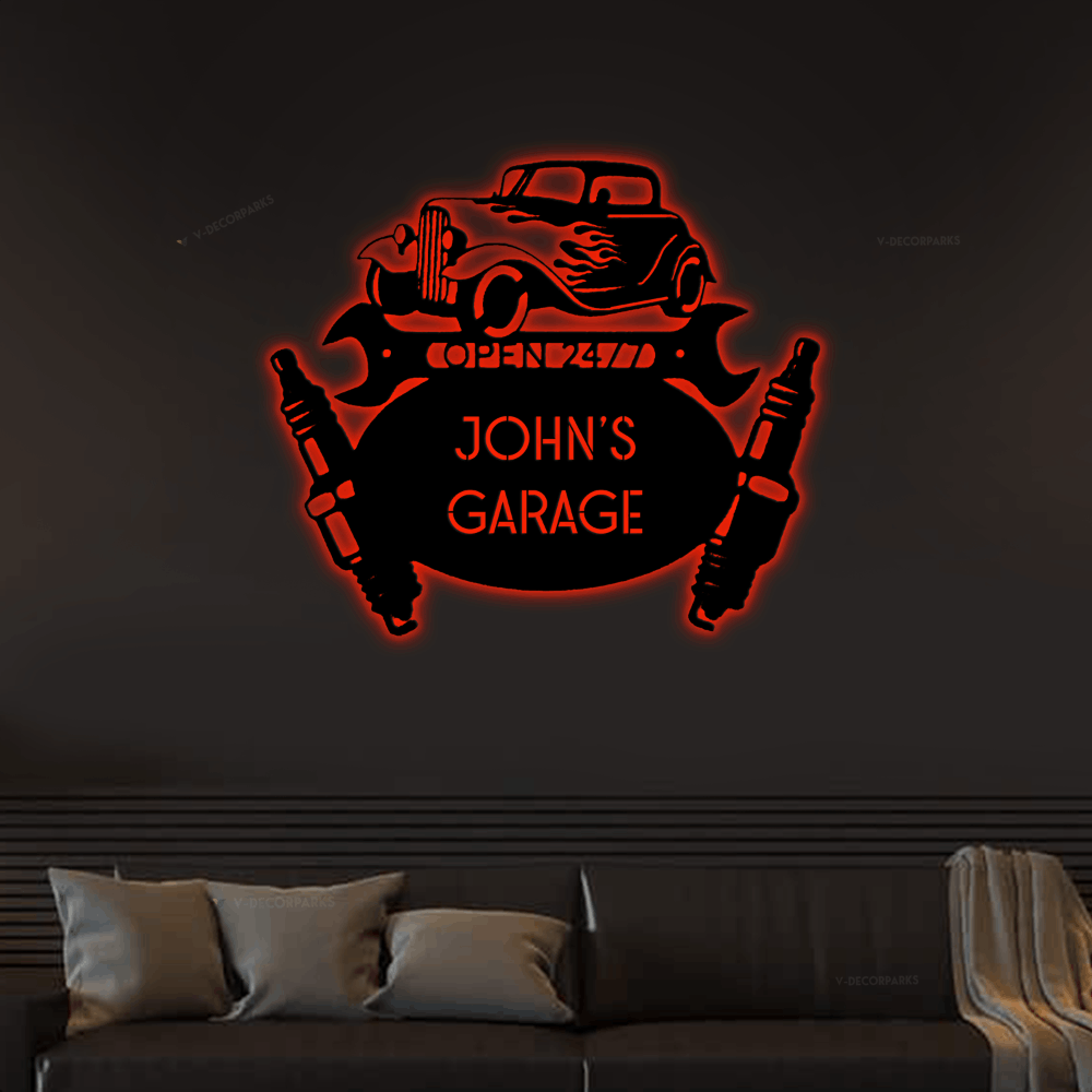 Custom Garage With Led Lights Sign, Workshop Personalized Sign, Steel ...
