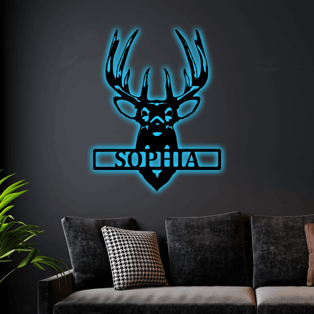 Personalized Metal Deer Sign With Led Lights, Monogram Steel Name Sign ...