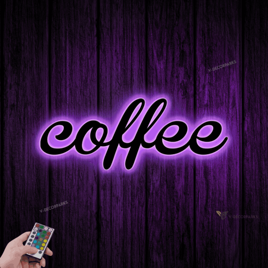 Coffee Script Metal Art Sign Light Up, Coffee Metal Sign Multi Color, Coffee Script Sign Metal ...
