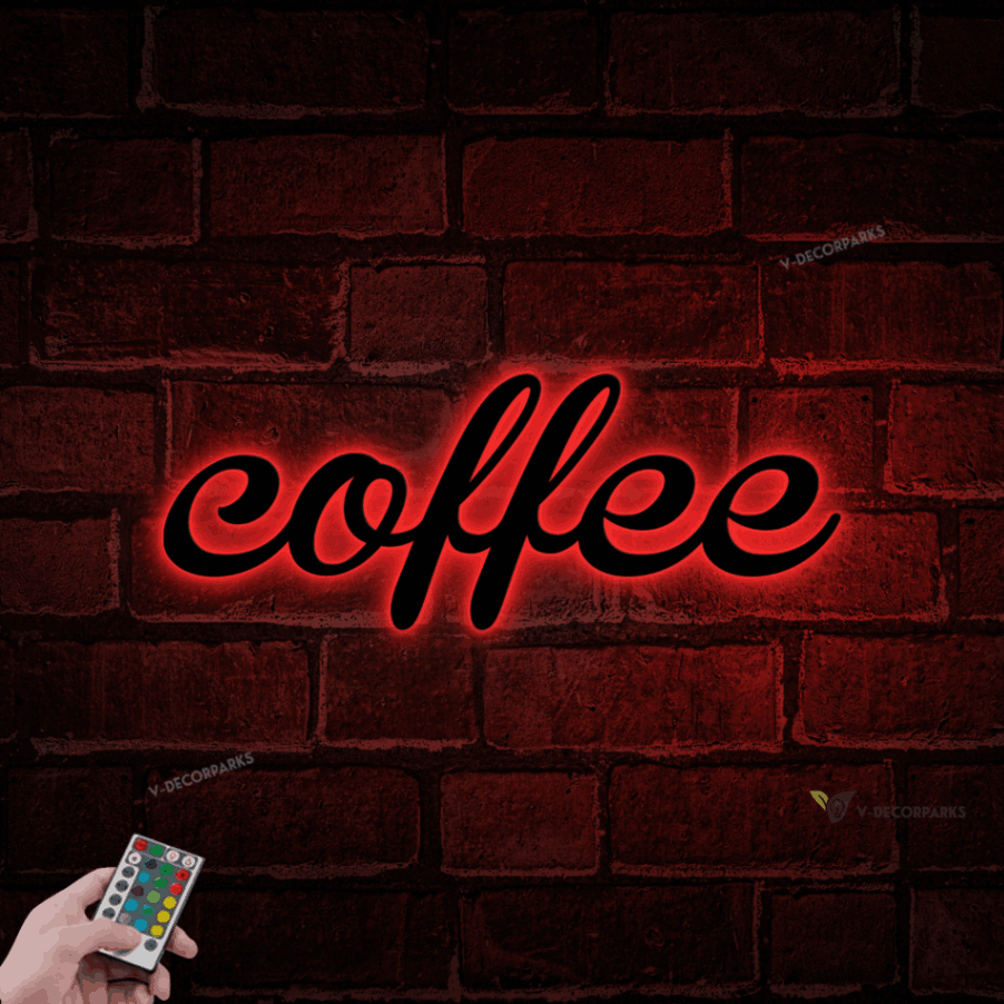 Coffee Script Metal Art Sign Light Up, Coffee Metal Sign Multi Color, Coffee Script Sign Metal ...