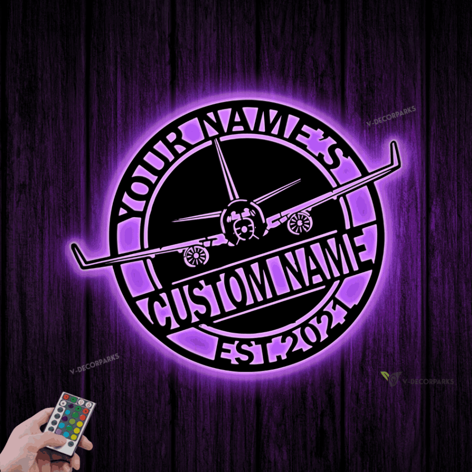 Custom Airplane Metal Wall Art Led Light, Personalized Pilot Name Sign ...