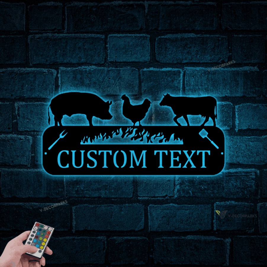 Custom Bbq Metal Sign With Led Lights, Personalized Flaming Grill ...