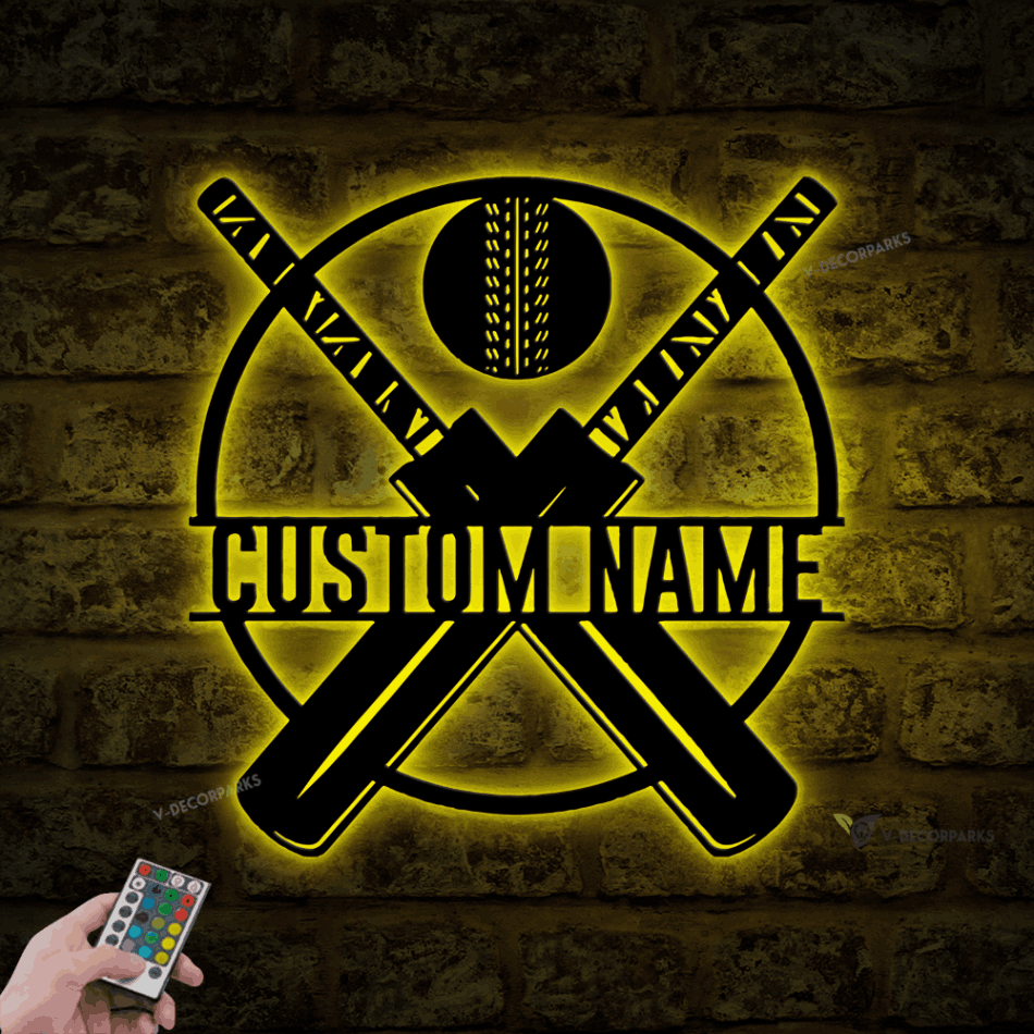 Custom Ball Cricket Bat Metal Wall Art Led Light, Cricket Wall Art ...