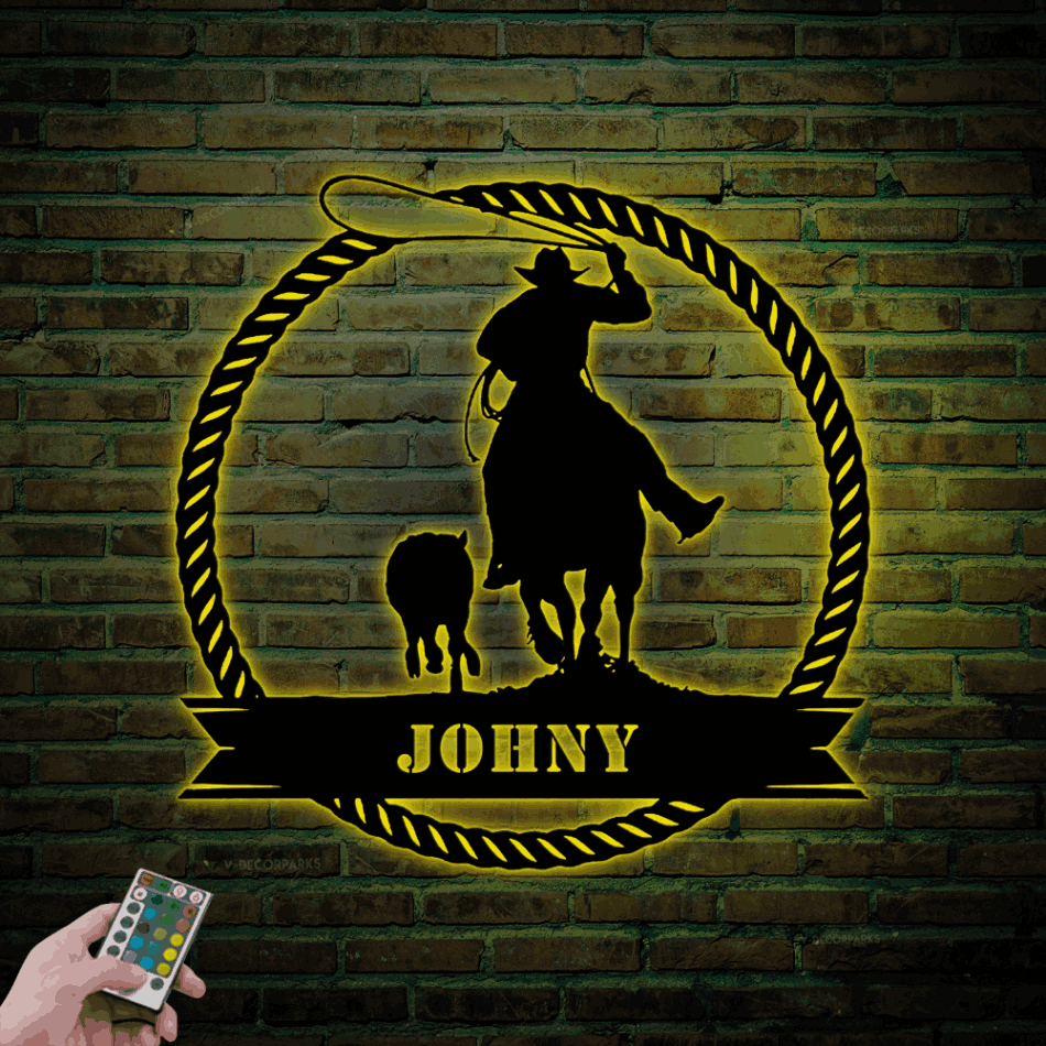 Custom Cowboy Cattle Roping Metal Sign Led Lights, Personalized Tie ...