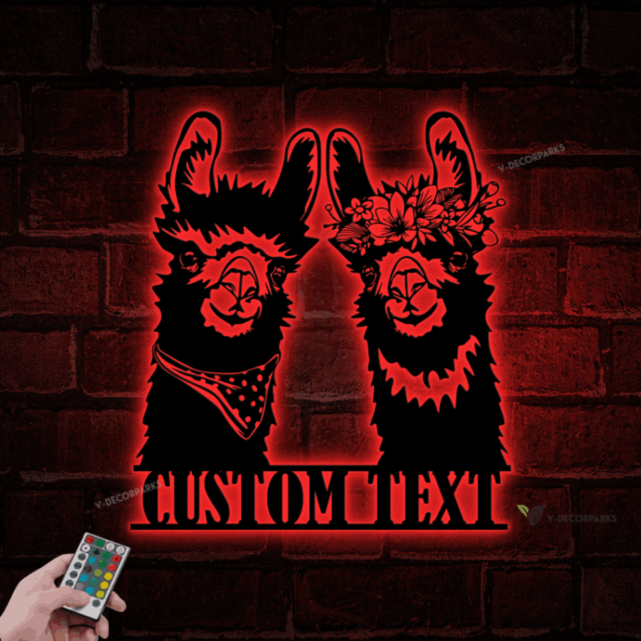 Custom Cute Couple Alpaca Llama Love Metal Wall Art Led Light ...