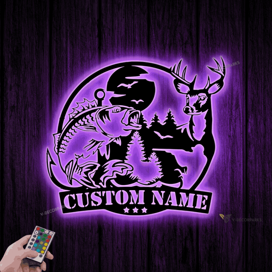 Custom Deer And Fishing Metal Wall Art Led Light, Personalized Hunter ...