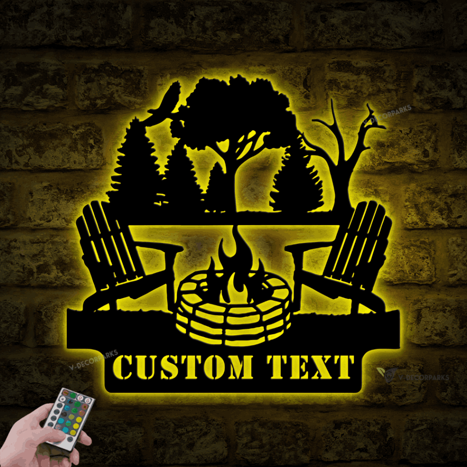 Custom Fire Pit Lake House Metal Wall Art Led Light, Personalized ...