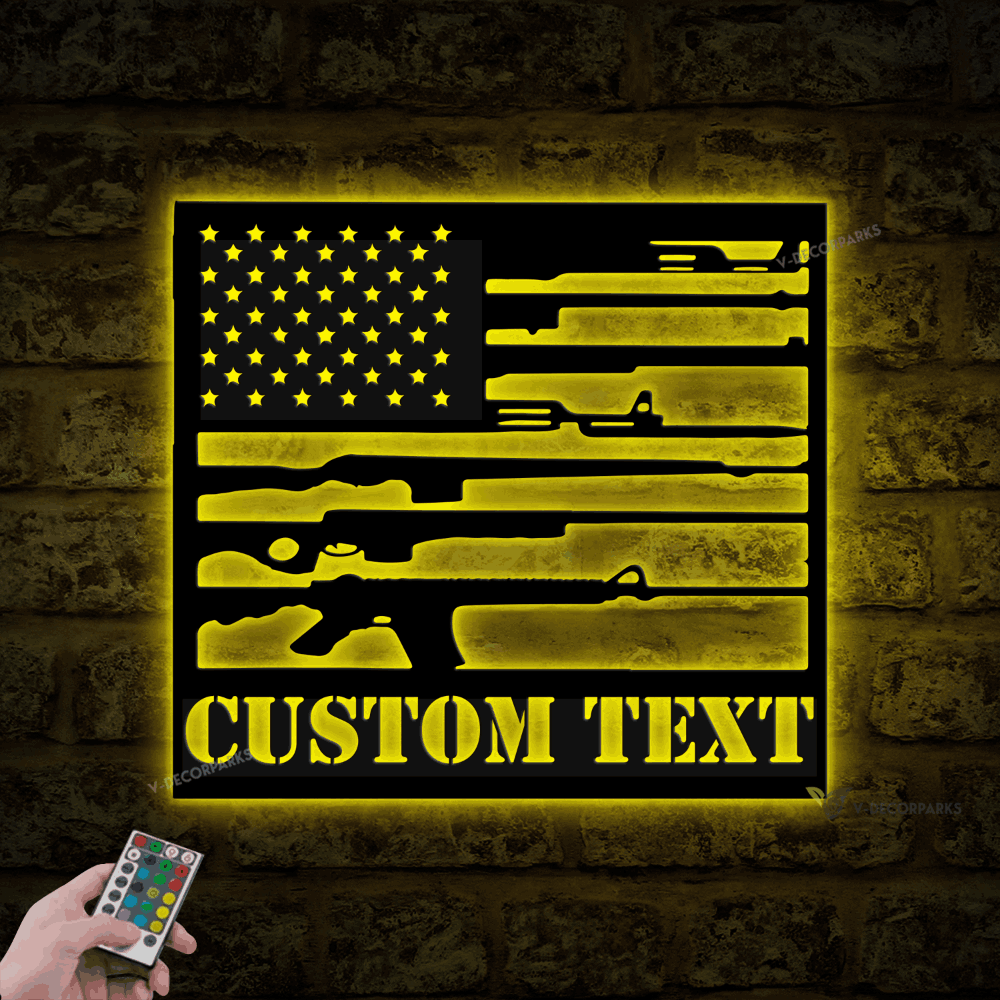 Custom Gun American Flag Metal Wall Art Led Light, Personalized Second ...