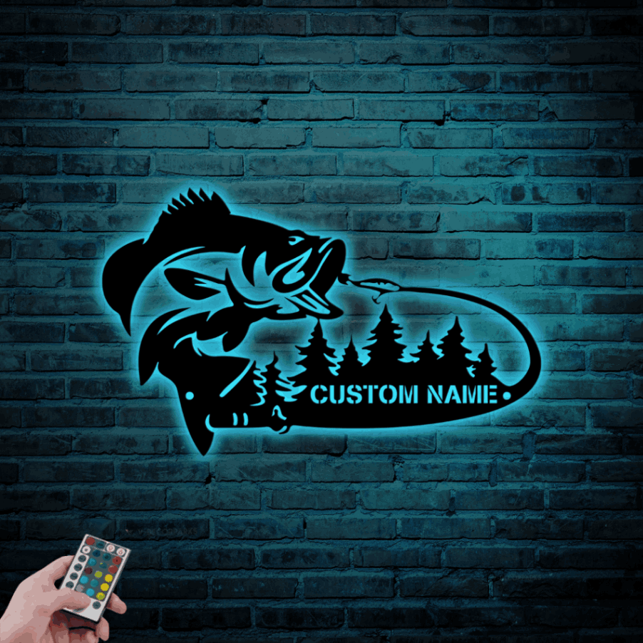 Custom Metal Fishing Sign With Led Lights, Bass Fishing Sign Cabin ...