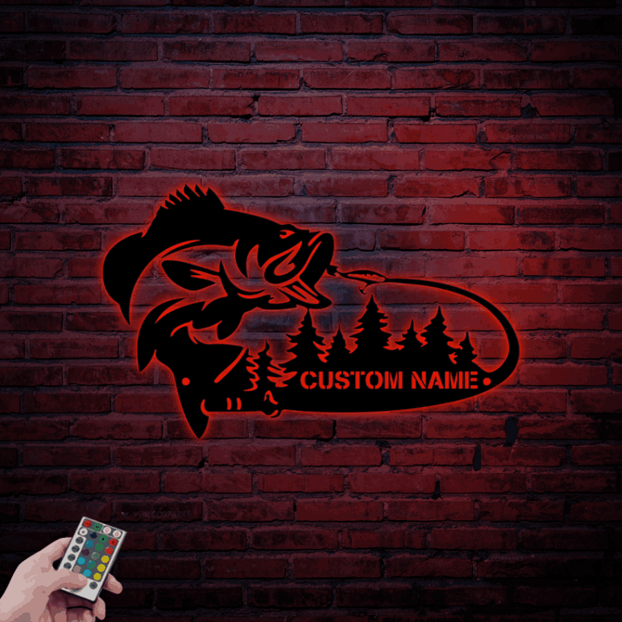 Custom Metal Fishing Sign With Led Lights, Bass Fishing Sign Cabin ...