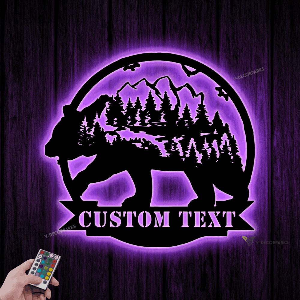 Custom Mountain Bear Metal Wall Art Led Light, Personalized Bear And ...