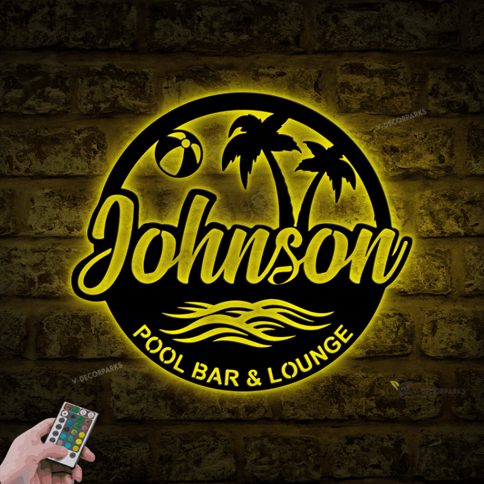 Custom Palm Tree Pool Family Metal Wall Art Led Light, Personalized ...