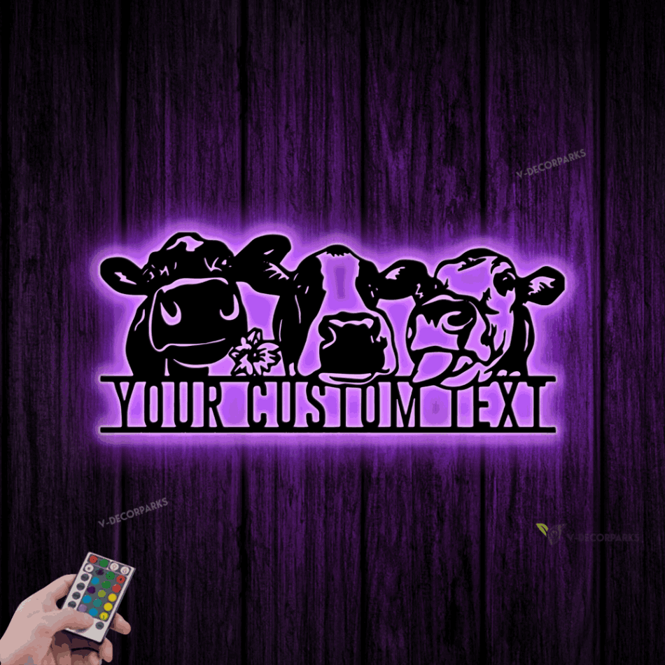 Custom Peeking Cow Farmhouse Metal Wall Art Led Light, Personalized ...