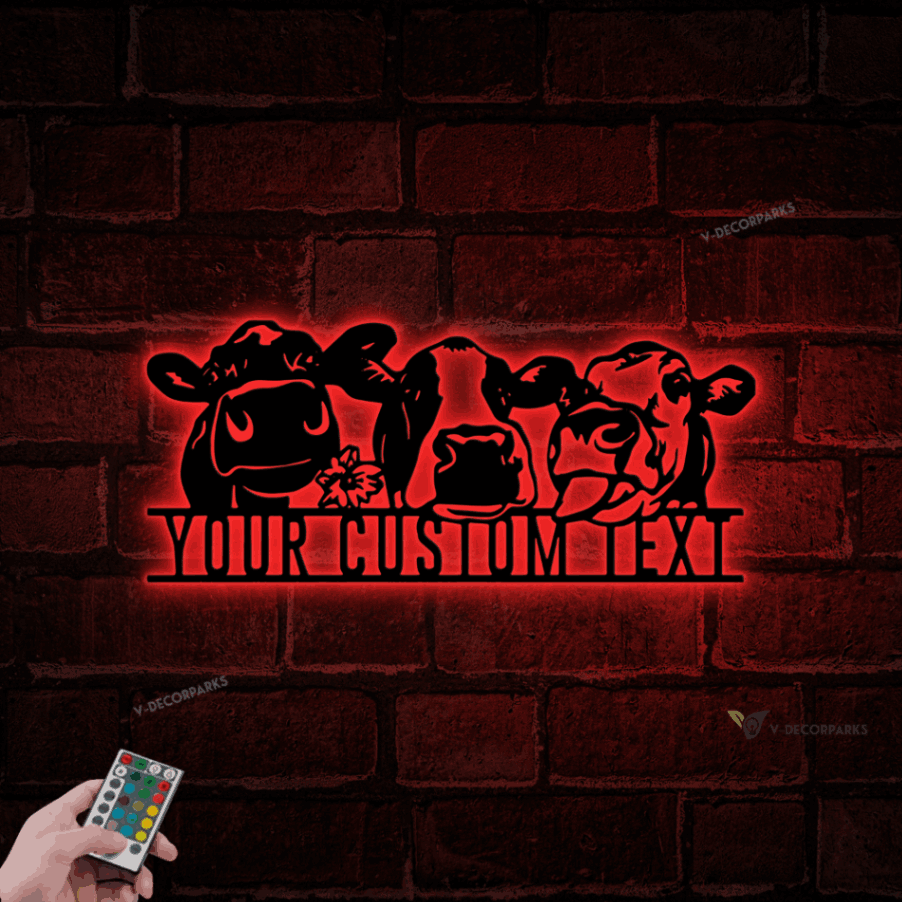 Custom Peeking Cow Farmhouse Metal Wall Art Led Light, Personalized ...