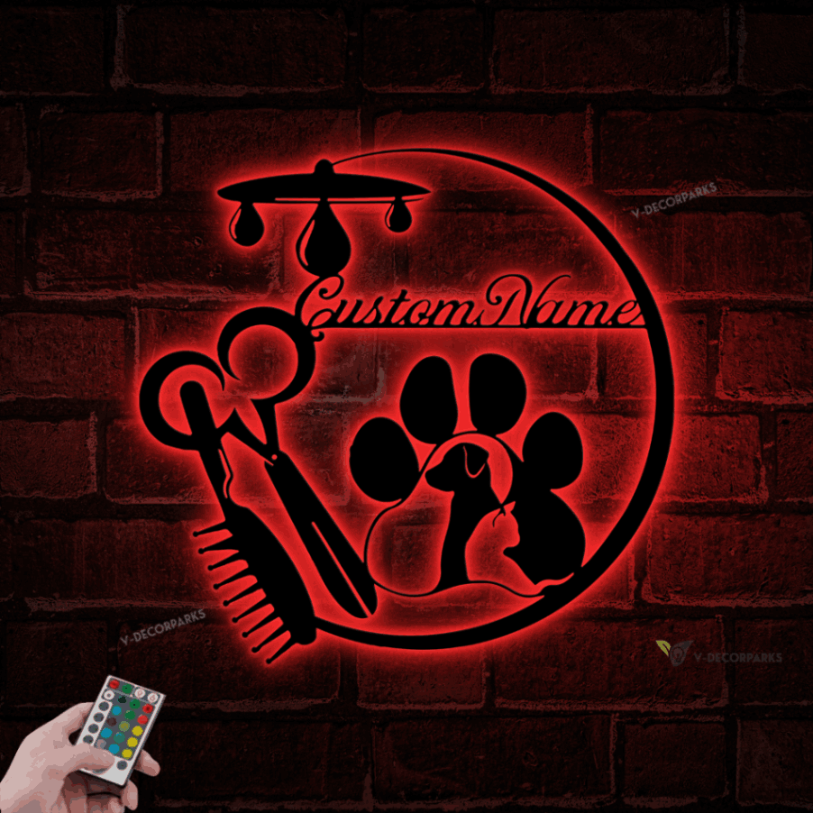 Custom Pet Grooming Hair Salon Metal Sign With Led Light, Personalized ...