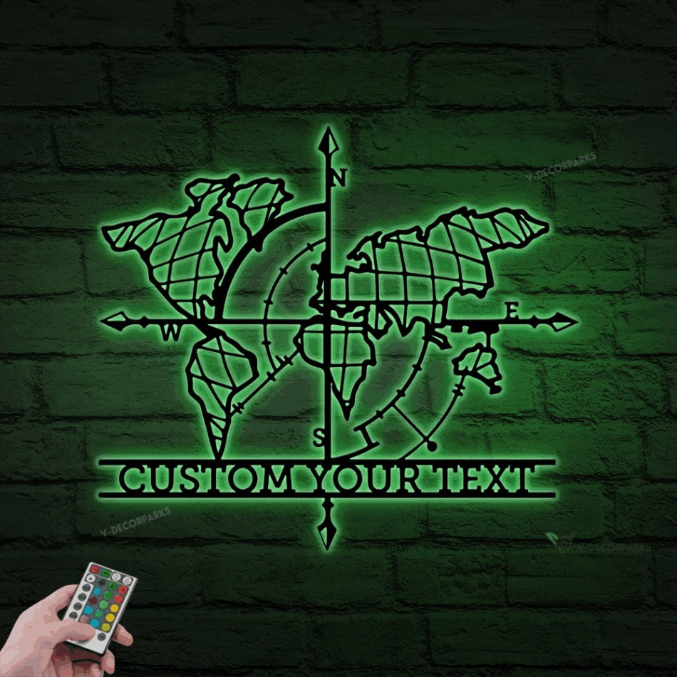 Custom World Map Compass Metal Wall With Led Lights, Modern Wall Art ...