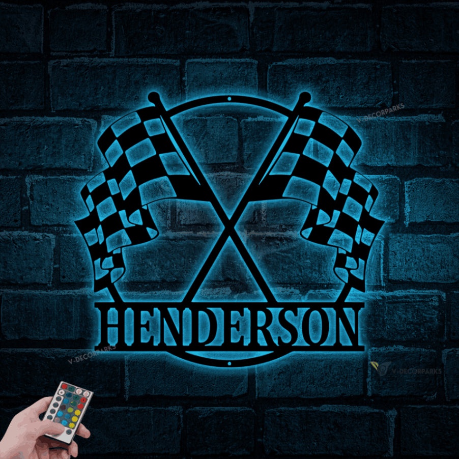 Customizable Metal Checkered Racing Flags Sign With Led Lights - Race ...