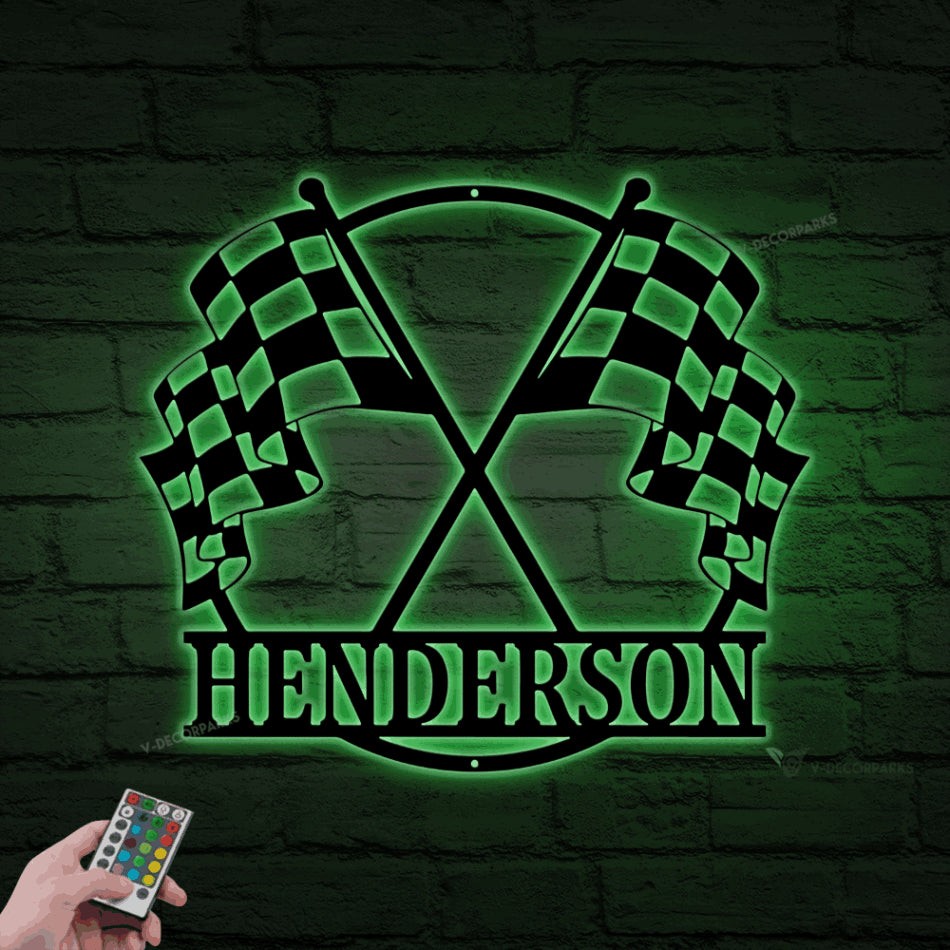Customizable Metal Checkered Racing Flags Sign With Led Lights - Race ...