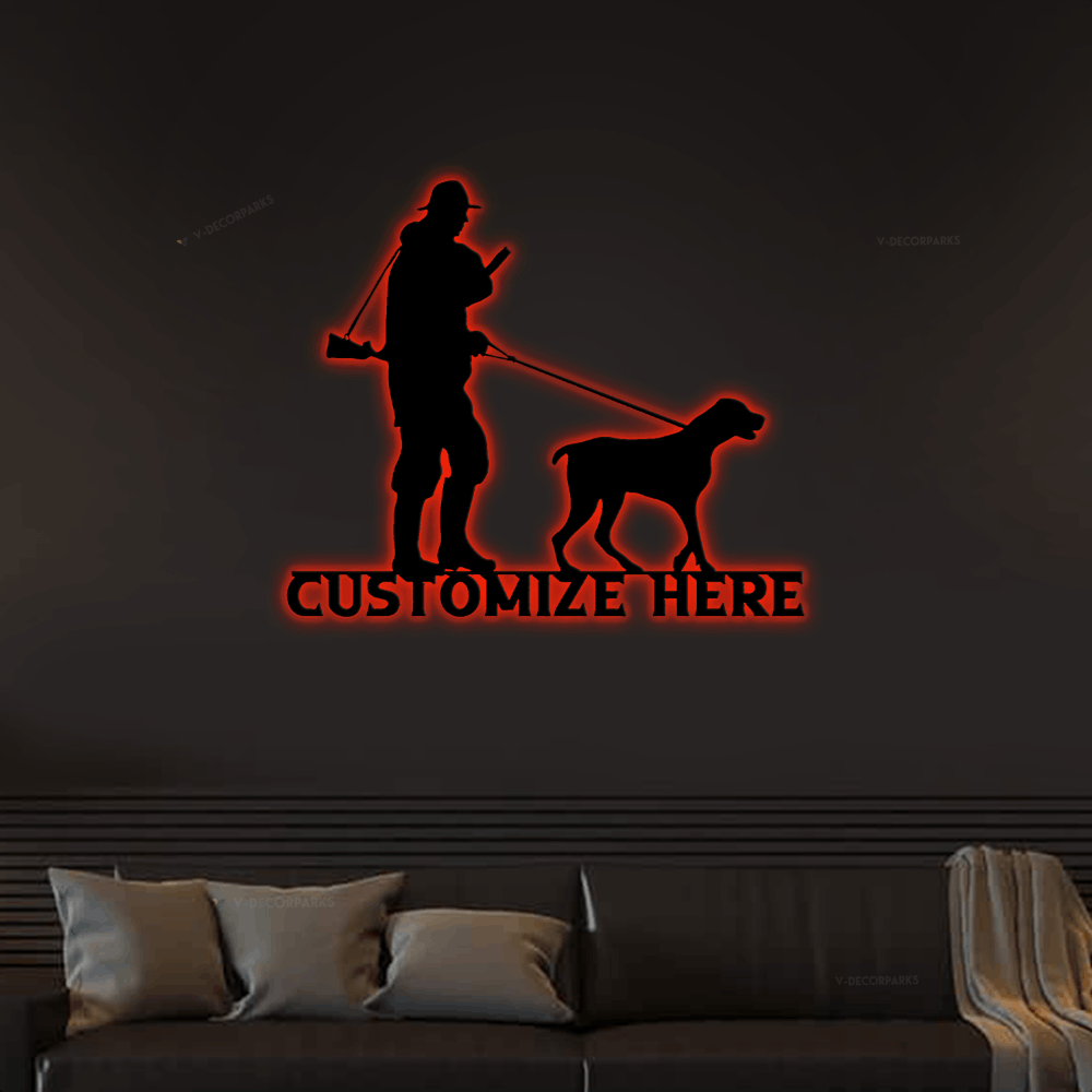 Customizable Metal Hunter And Dog With Led Lights Sign, Hunting Sign ...