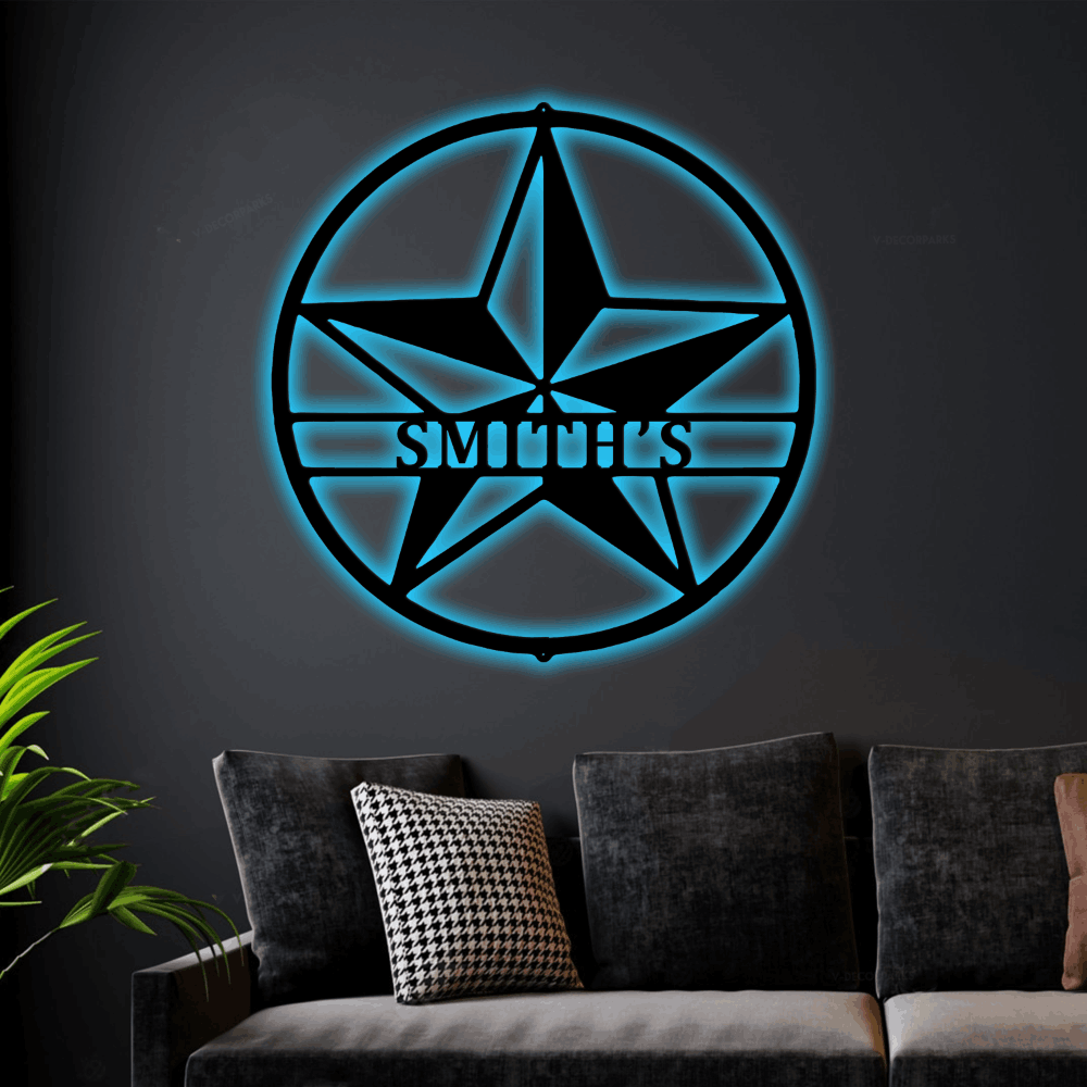Customized Star Monogram Steel Sign, Led Lights, Family Name ...