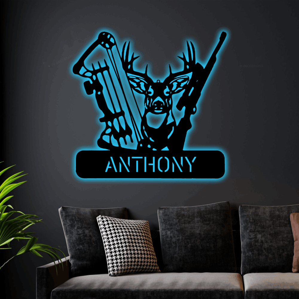 Deer Bow Hunter Sign With Led Lights, Personalized Deer Hunter Monogram ...