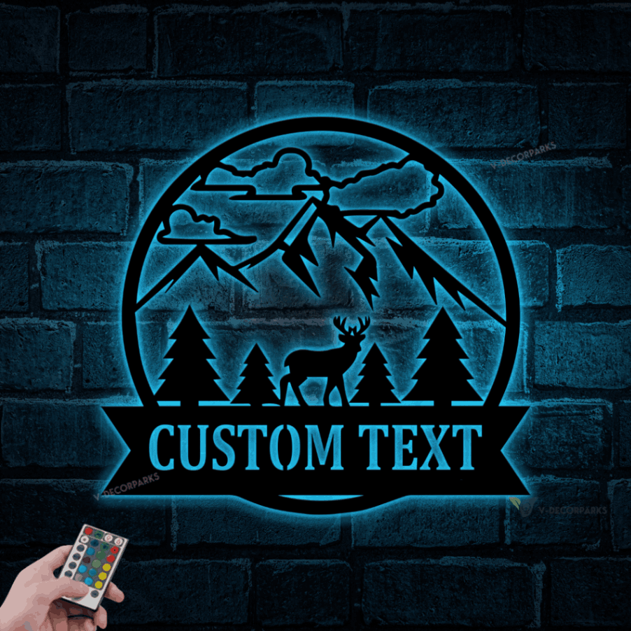 Deer Tree And Mountains Monogram With Led Lights, Established Last Name ...