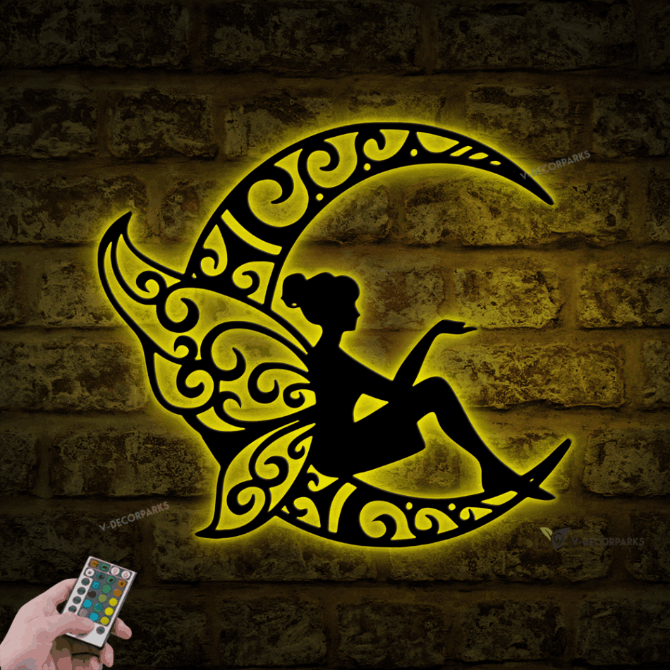 Fairy Metal Wall Sign With Led Lights, Fairy Moon Metal Sign Multi ...