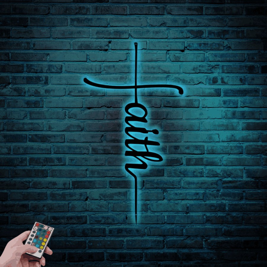Faith Metal Wall Art With Led Lights, Faith Cross Metal Sign, Christian ...