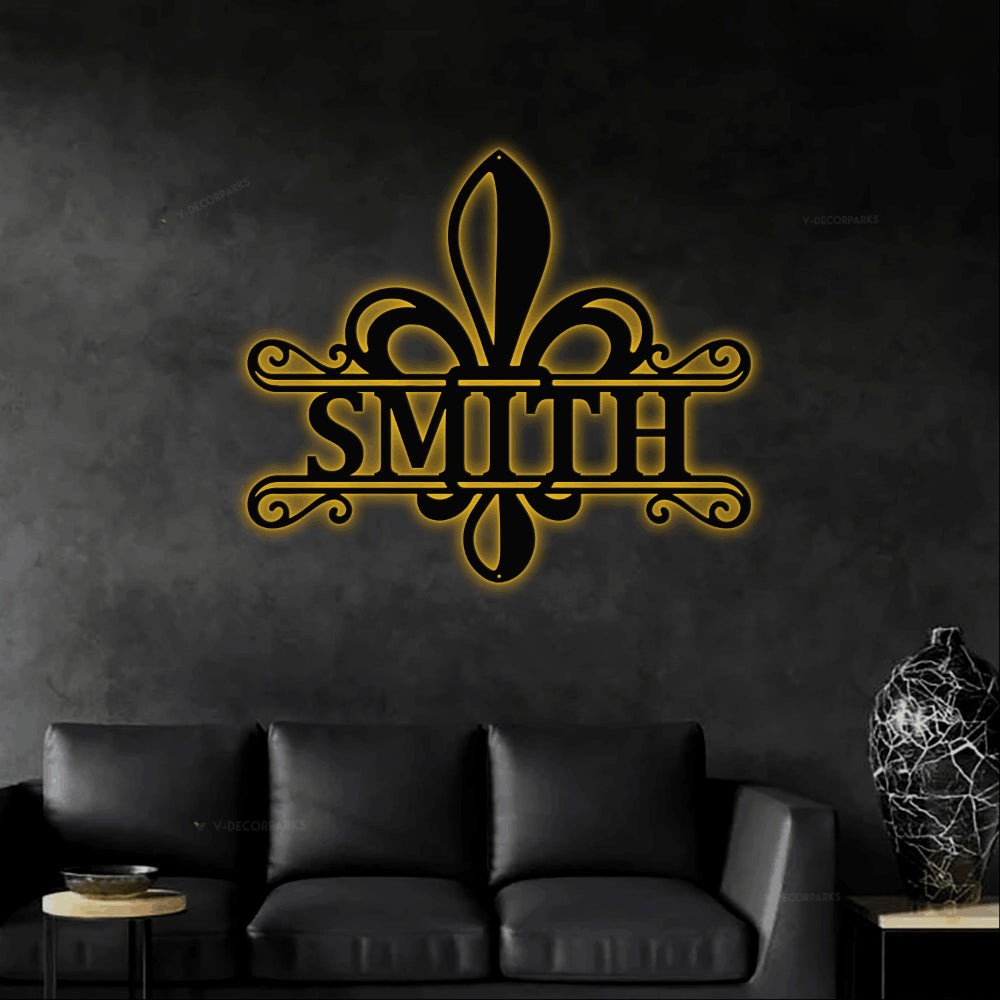 Fleur De Lis Custom Sign With Led Lights, Split Monogram Sign, Last ...