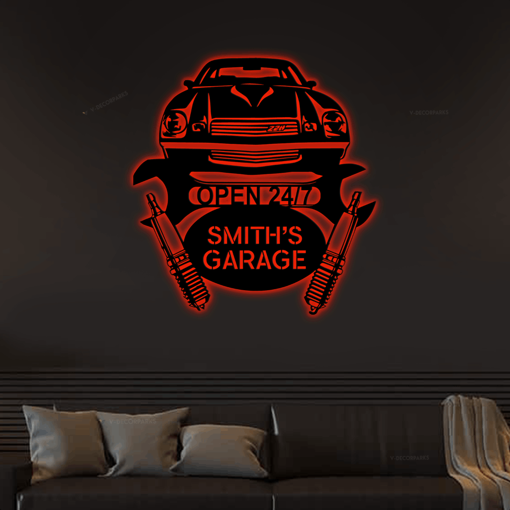 Garage Car With Led Lights Sign Monogram Steel Sign, Personalized ...