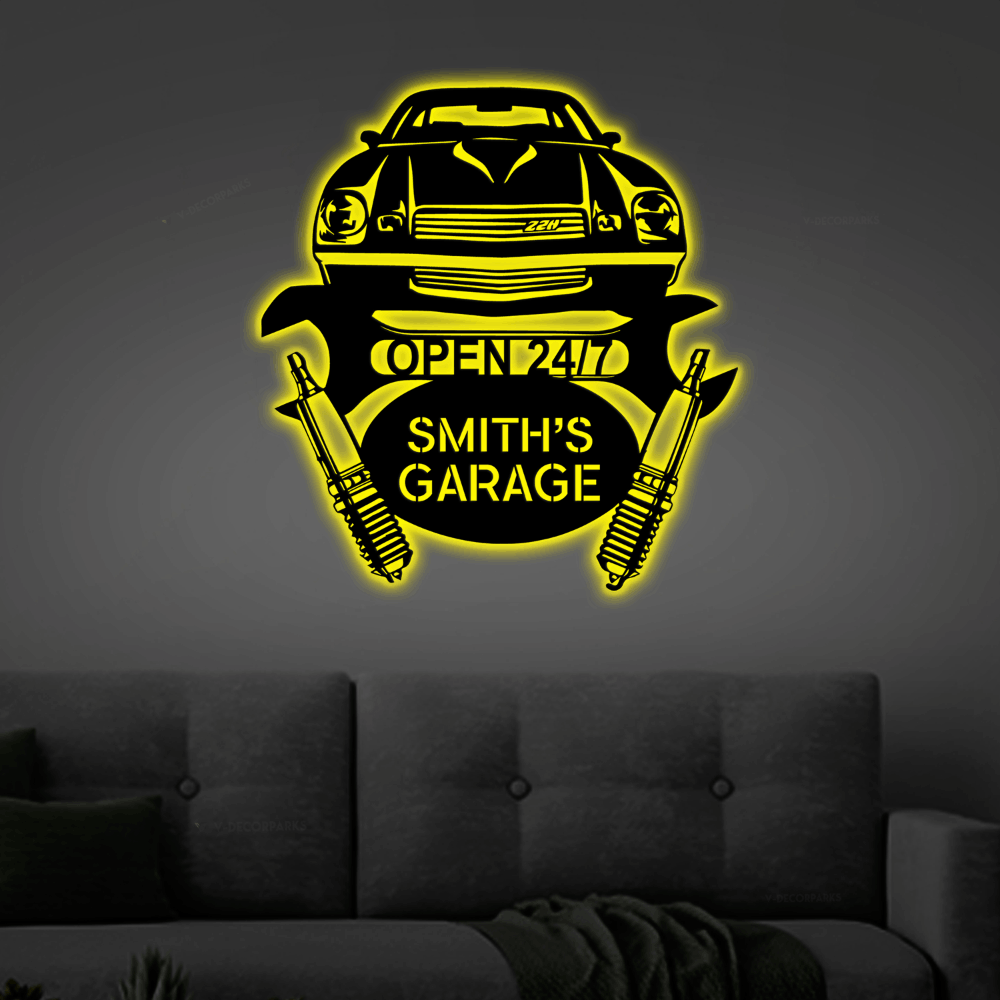 Garage Car With Led Lights Sign Monogram Steel Sign, Personalized ...