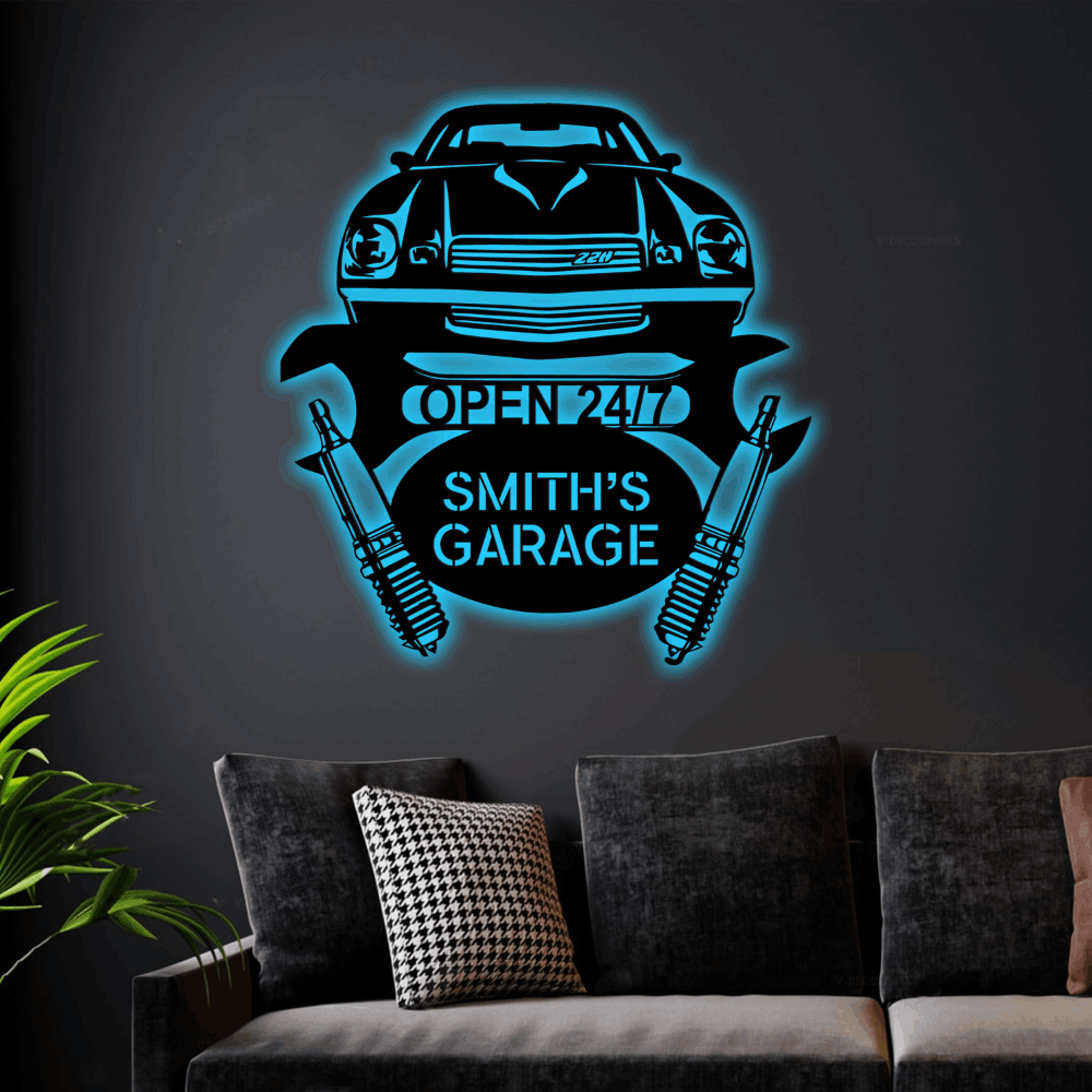 Garage Car With Led Lights Sign Monogram Steel Sign, Personalized ...